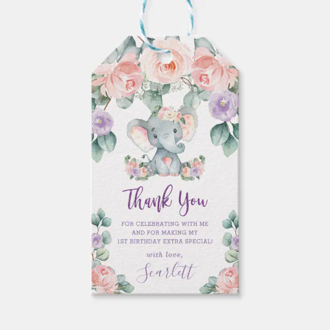 Cute Elephant Pink Floral Birthday Thank You Favor Gift Tags | Zazzle