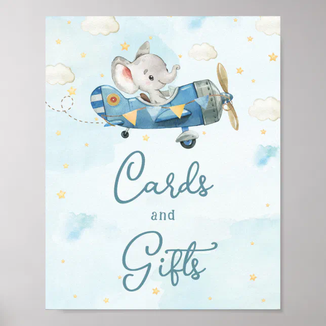 Cute Elephant Plane Adventure Blue Cards and Gifts Poster | Zazzle