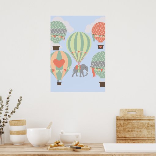 Cute Elephant Riding Hot Air Balloons Rising Poster | Zazzle