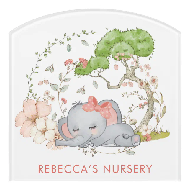 Cute Elephant Sleeping Baby Girl Name Nursery Door Sign | Zazzle
