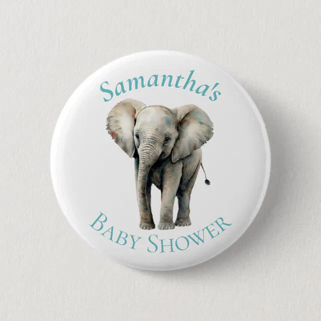 Cute Elephant Watercolor Blue Baby Shower Button | Zazzle