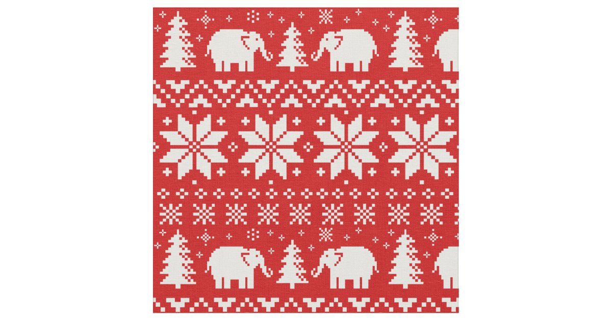 Cute Elephants Christmas Holiday Pattern Red Fabric | Zazzle