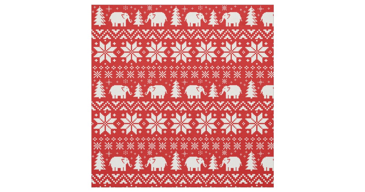 Cute Elephants Christmas Holiday Pattern Red Fabric | Zazzle
