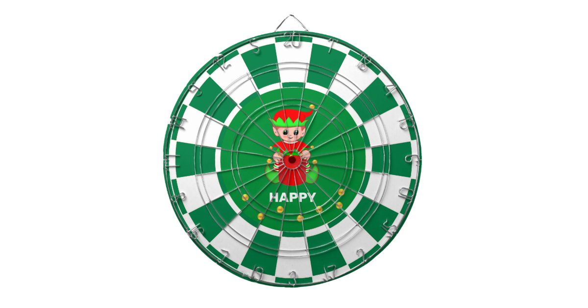 Cute Elf and Gold Confetti on Green & White Dart Board | Zazzle