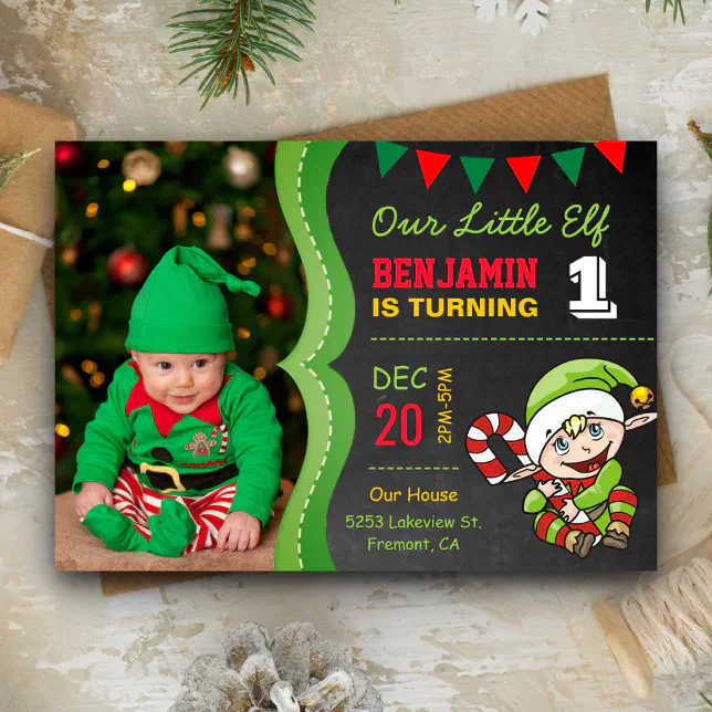 Cute Elf First Christmas Birthday Party Invitation | Zazzle