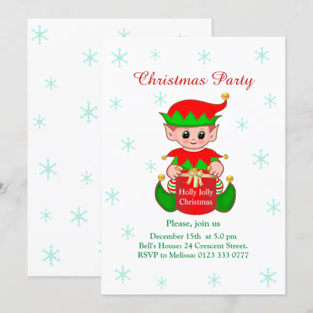 Cute Elf on White Christmas Party Invitation | Zazzle