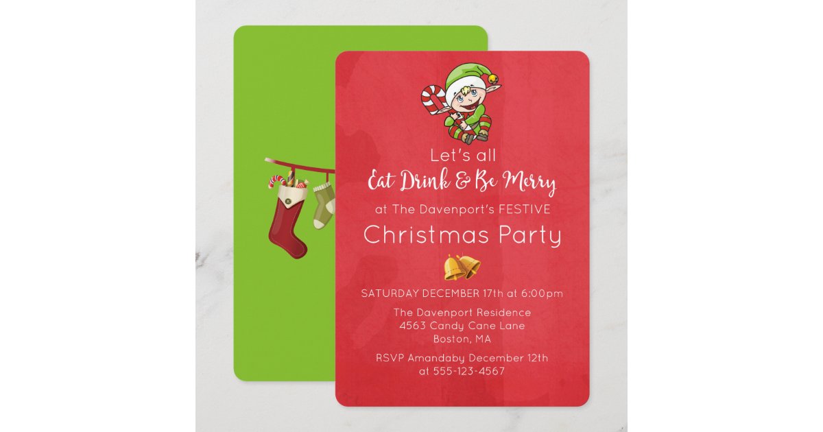 Cute Elf with Christmas Cane Christmas Invitation | Zazzle