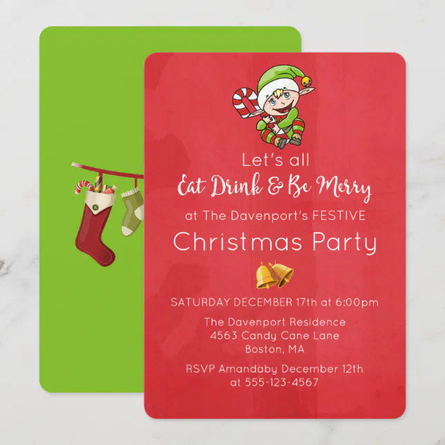 Cute Elf with Christmas Cane Christmas Invitation | Zazzle
