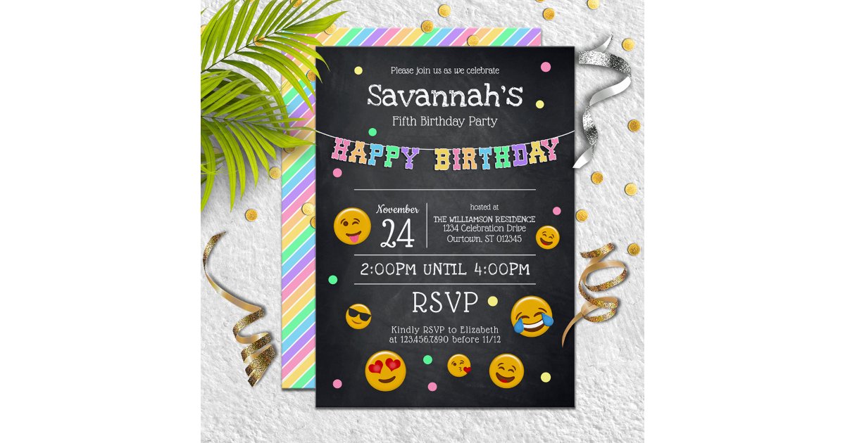 Cute Emoji Chalkboard Birthday Party Invitation | Zazzle