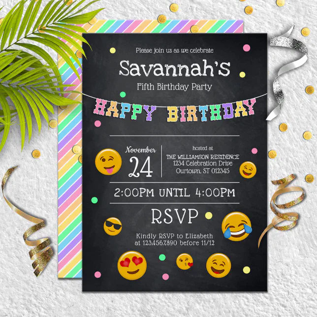 Cute Emoji Chalkboard Birthday Party Invitation | Zazzle