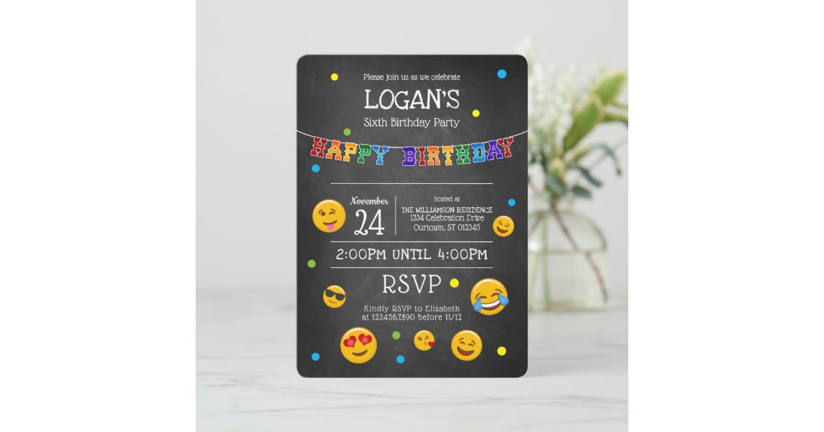 Cute Emoji Chalkboard Birthday Party Invitation | Zazzle