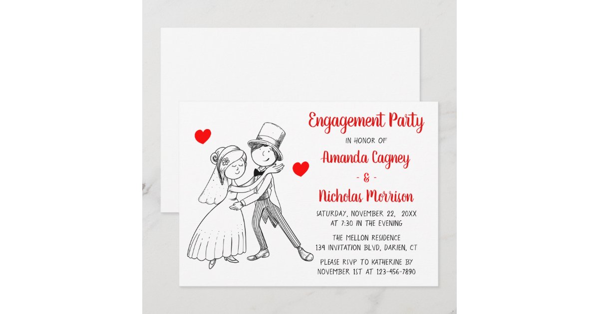 Cute Engagement Party Cartoon Bride Groom Wedding Invitation | Zazzle
