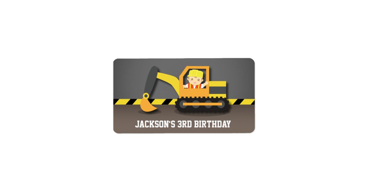 Cute Excavator Construction Birthday Party Labels | Zazzle