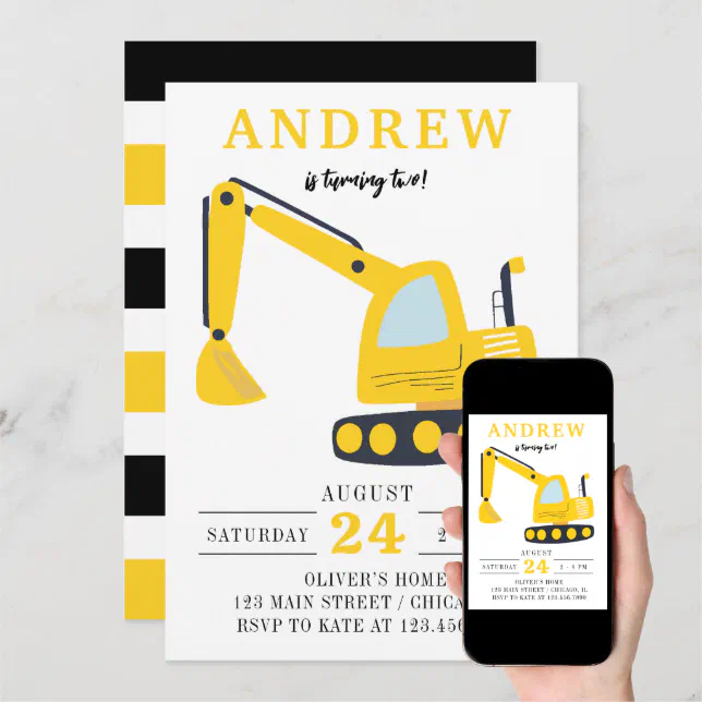 Cute Excavator Construction Kids Birthday Party Invitation | Zazzle