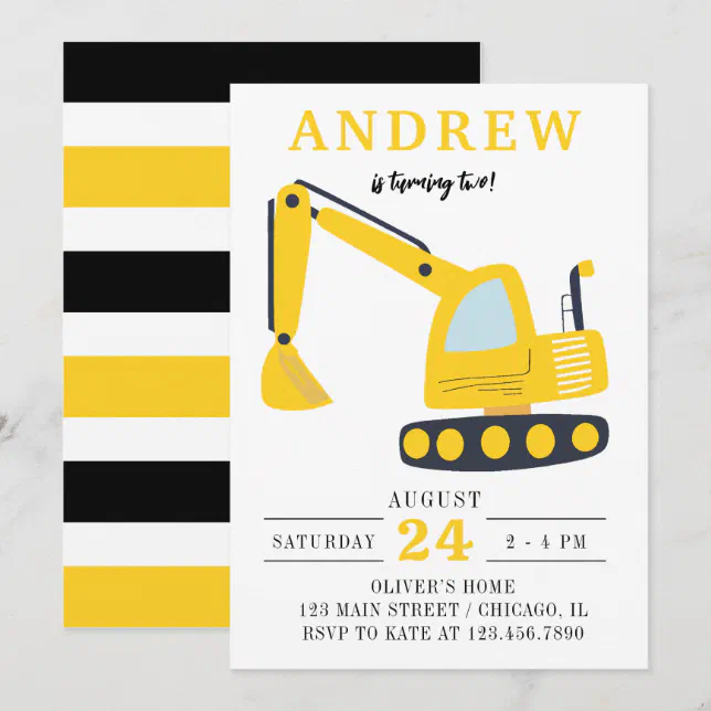 Cute Excavator Construction Kids Birthday Party Invitation | Zazzle