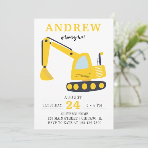 Cute Excavator Construction Kids Birthday Party Invitation | Zazzle