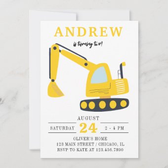 Cute Excavator Construction Kids Birthday Party Invitation | Zazzle