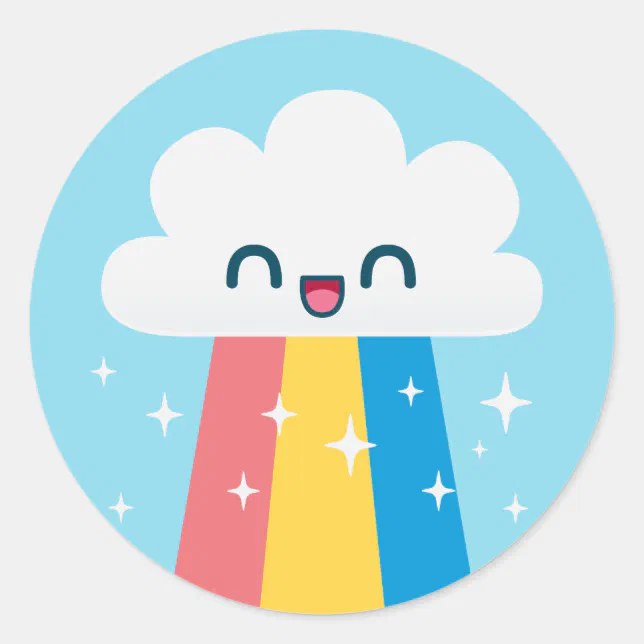 Cute Excited Rainbow Cloud with Sparkles Classic Round Sticker | Zazzle