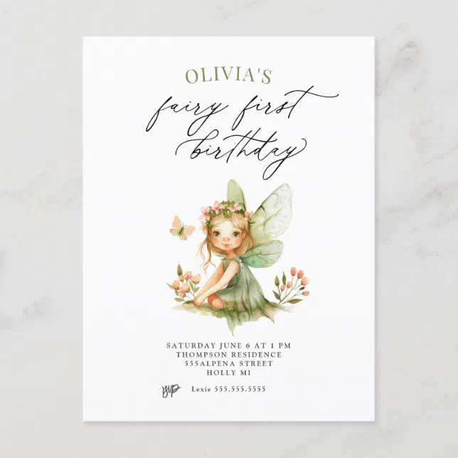 Cute Fairy First Birthday Invitation Postcard | Zazzle