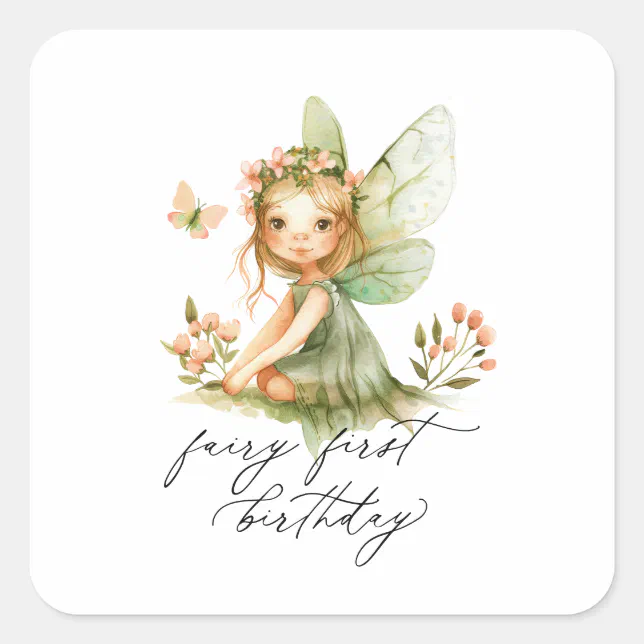 Cute Fairy First Birthday Square Sticker | Zazzle