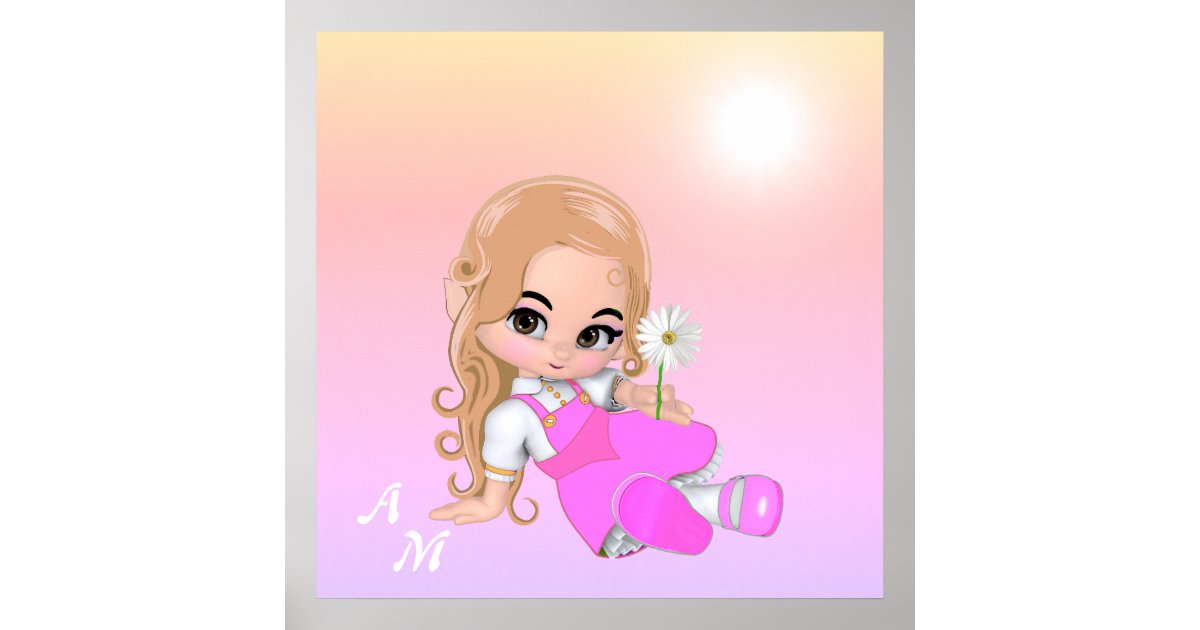 Cute Fairy & Monogram on Pink Shades Poster | Zazzle