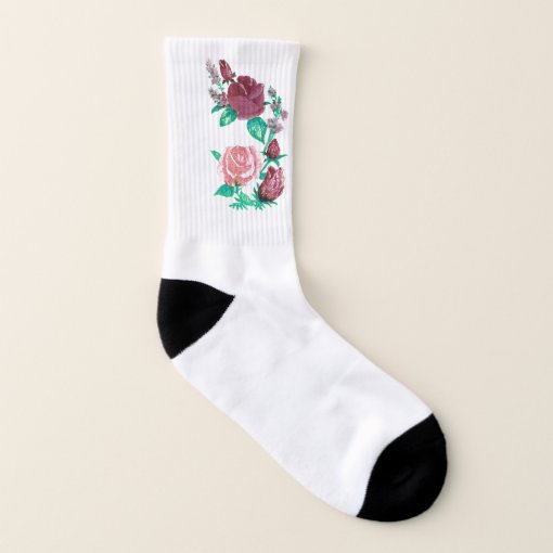 Cute Fancy Red Pink Rose w/Green Leaf Designed Socks | Zazzle