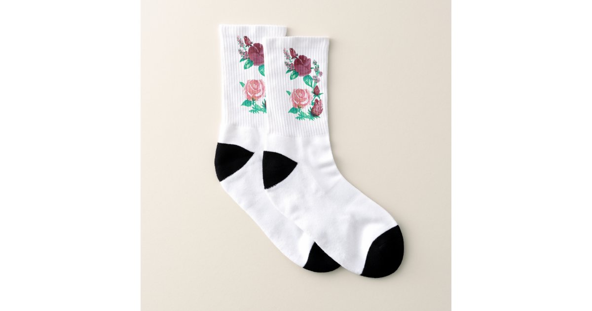 Cute Fancy Red Pink Rose w/Green Leaf Designed Socks | Zazzle