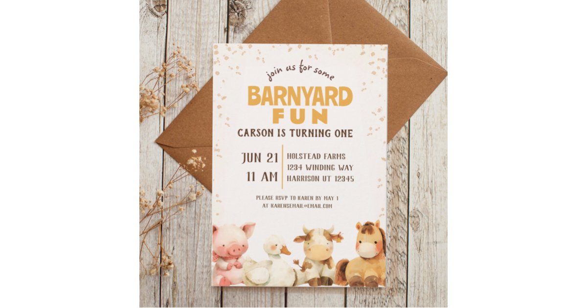 Cute Farm Animal Barnyard First Birthday Invitation | Zazzle