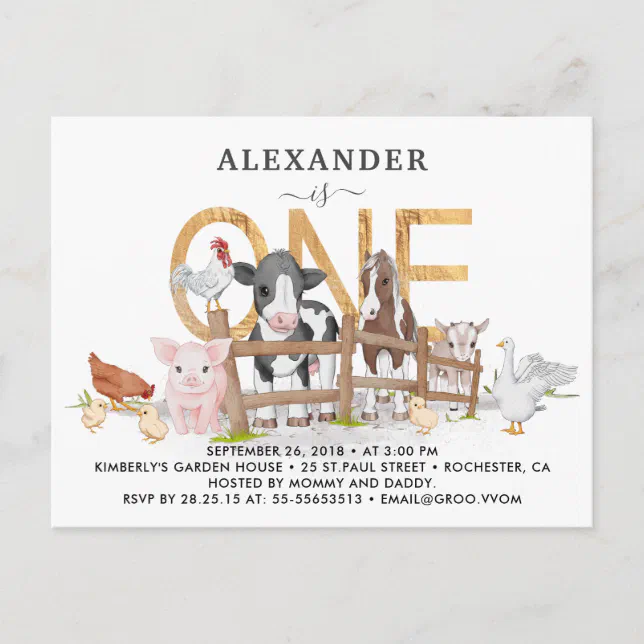 Cute Farm Animals 1st Birthday Invitation Postcard | Zazzle
