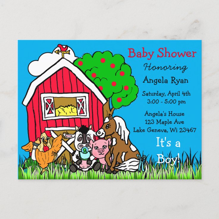 Cute Farm Animals and Red Barn Baby Shower Invites | Zazzle