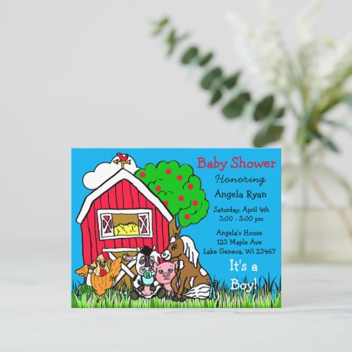 Cute Farm Animals and Red Barn Baby Shower Invites | Zazzle