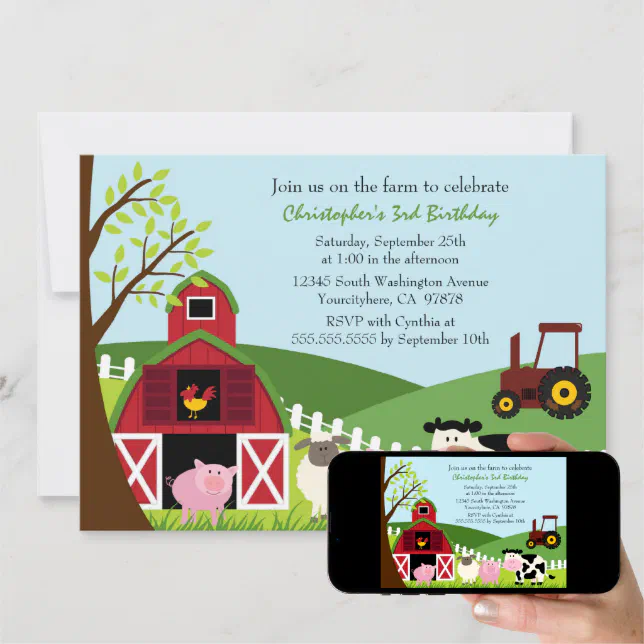 Cute farm animals barn birthday party invitation | Zazzle