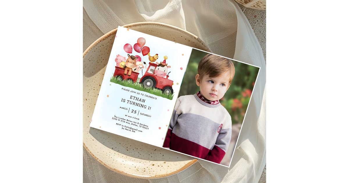 Cute Farm Animals Barnyard 1st Birthday Photo Invitation | Zazzle