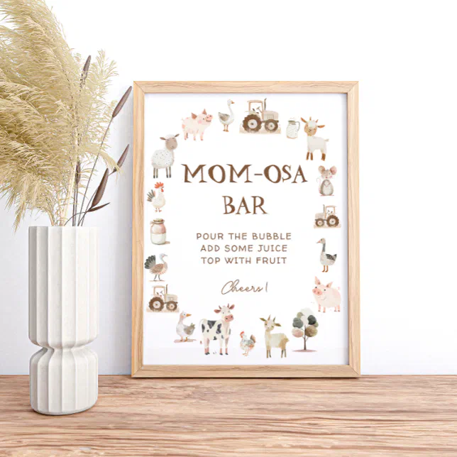 Cute Farm Animals Barnyard Baby Shower Mom-osa Bar Poster | Zazzle