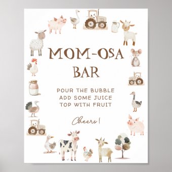 Cute Farm Animals Barnyard Baby Shower Mom-osa Bar Poster | Zazzle