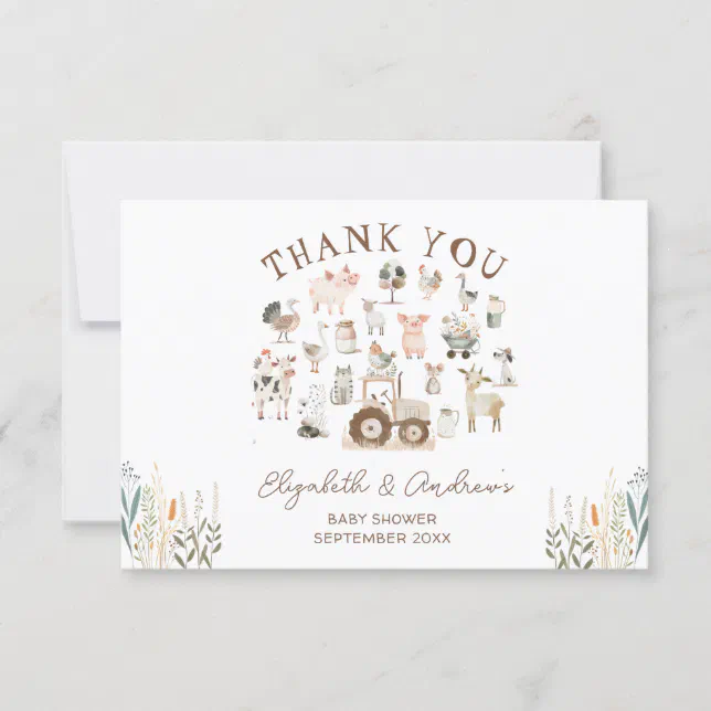 Cute Farm Animals Barnyard Baby Shower Thank You Card | Zazzle