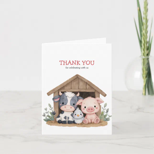 Cute Farm Animals Barnyard Birthday Party Thank You Card | Zazzle