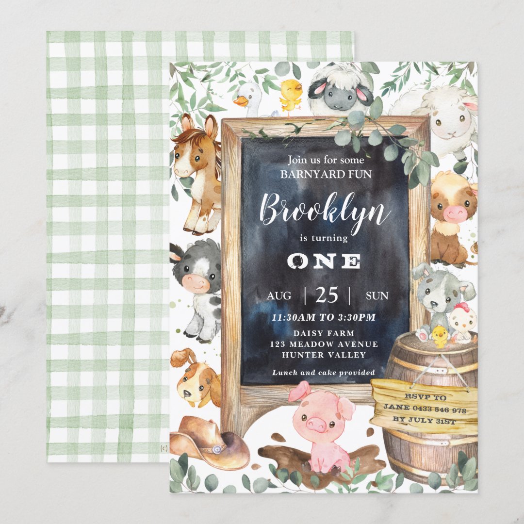 Cute Farm Animals Barnyard Chic Greenery Birthday Invitation | Zazzle