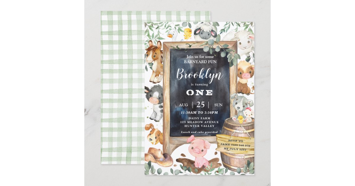 Cute Farm Animals Barnyard Chic Greenery Birthday Invitation | Zazzle