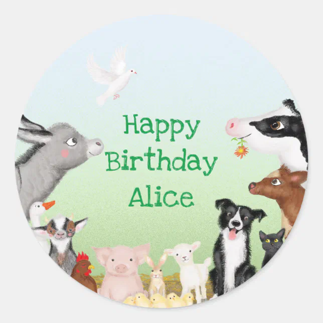 Cute farm animals birthday party round stickers | Zazzle