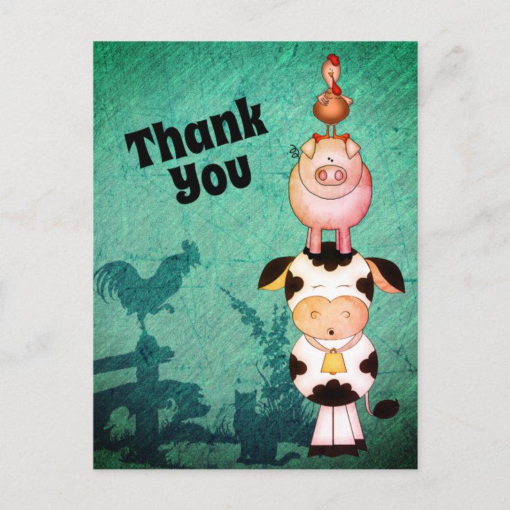 Cute Farm Animals Cow, Pigs and Roosters Thank You Postcard | Zazzle