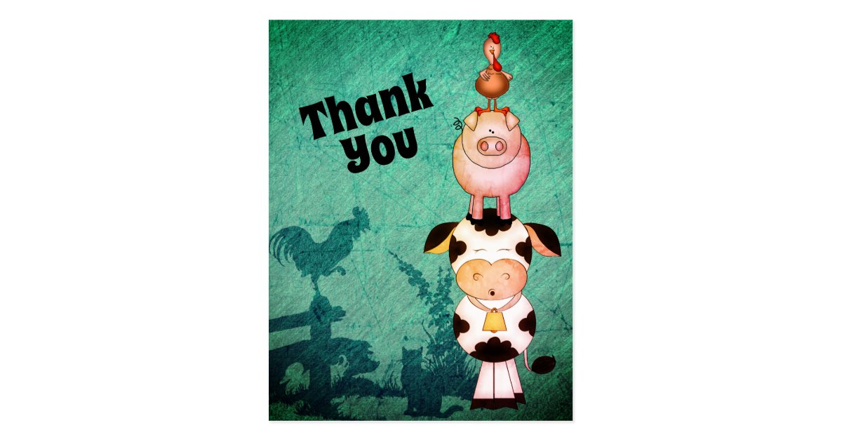 Cute Farm Animals Cow, Pigs and Roosters Thank You Postcard | Zazzle.com