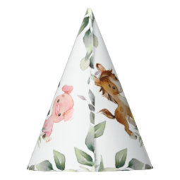 Cute Farm Animals Greenery 1st Birthday Boy Girl Party Hat | Zazzle