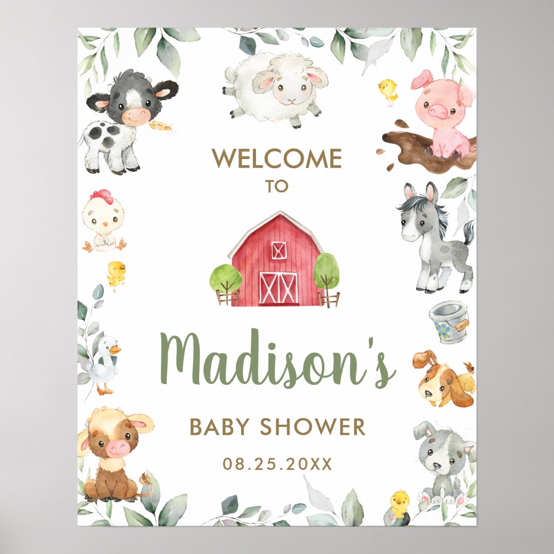 Cute Farm Animals Greenery Baby Shower Welcome Poster | Zazzle