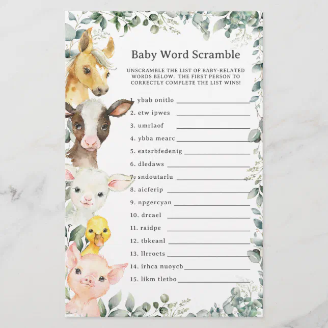 Cute Farm Animals Greenery Baby Word Scramble Game | Zazzle