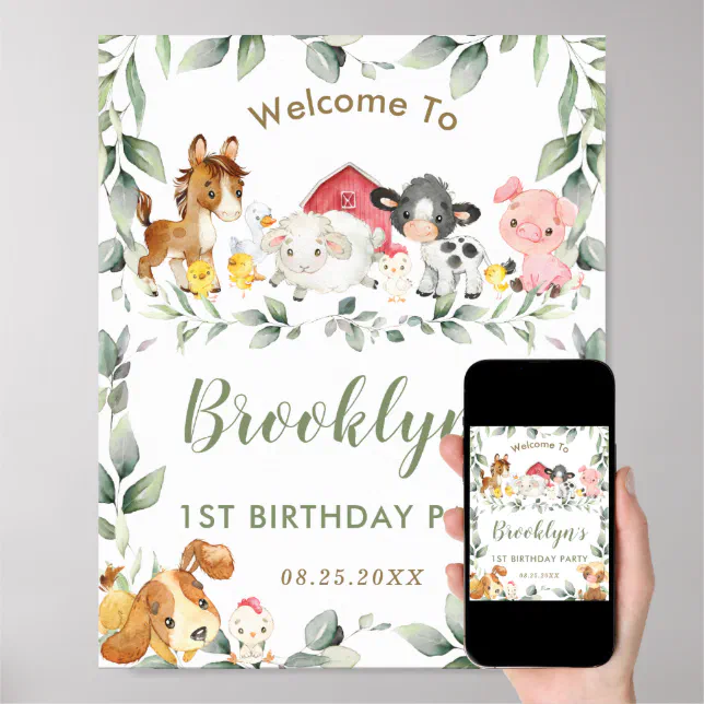 Cute Farm Animals Greenery Birthday Welcome Poster | Zazzle