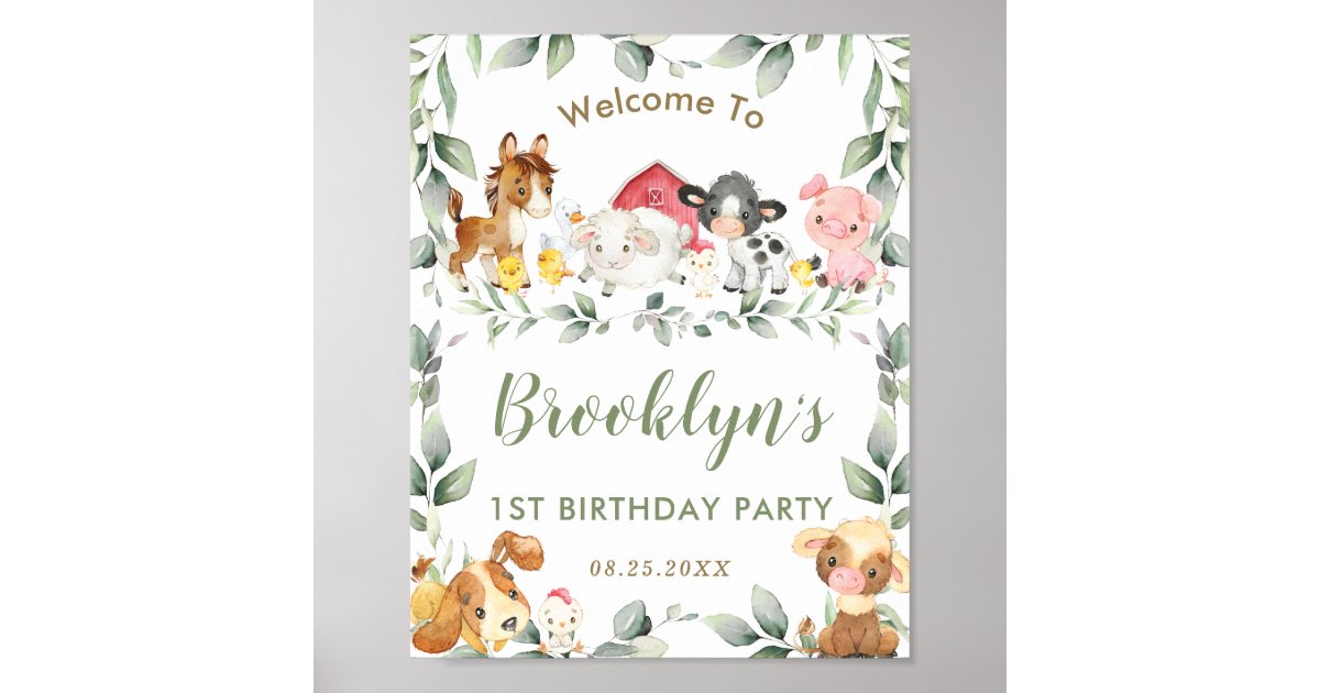 Cute Farm Animals Greenery Birthday Welcome Poster | Zazzle