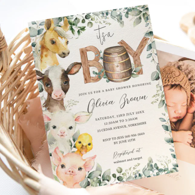Cute Farm Animals Greenery Boy Barn Baby Shower Invitation | Zazzle
