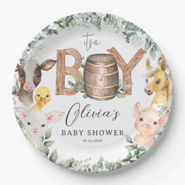 Cute Farm Animals Greenery Boy Barn Baby Shower Paper Plates | Zazzle
