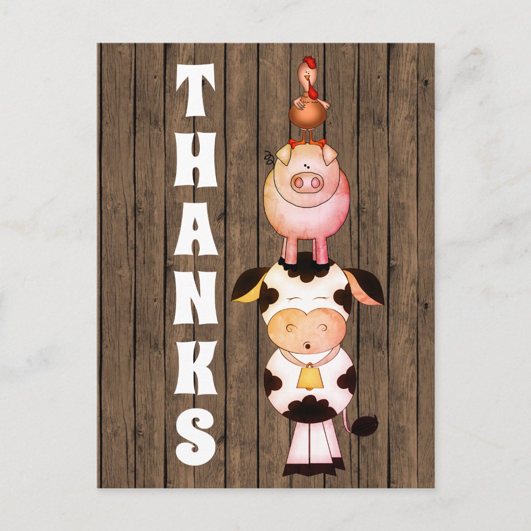 Cute Farm Animals on Barn Wood Thanks Thank You Postcard | Zazzle